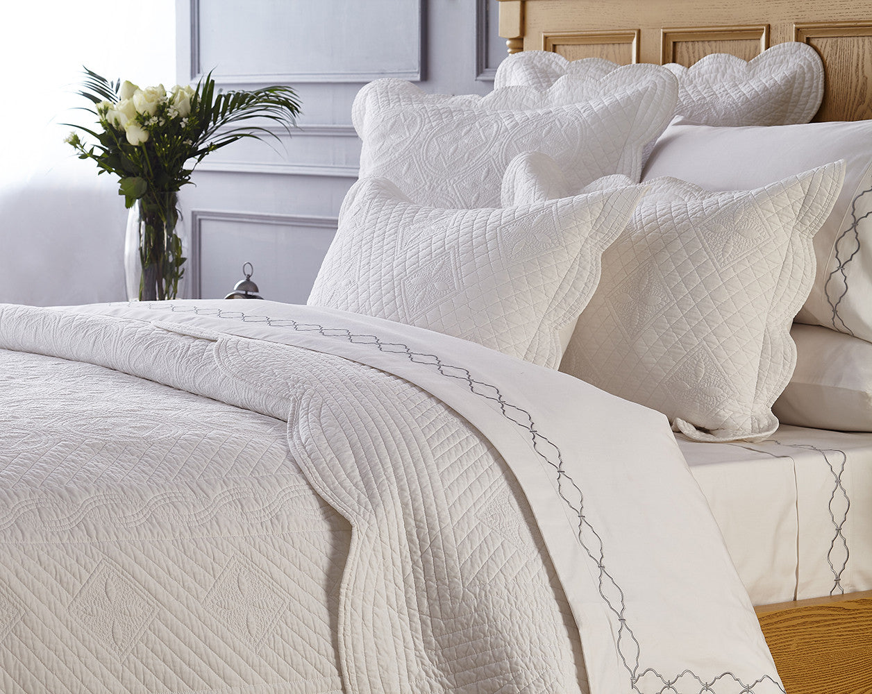 Sage Garden White Cotton Quilt – Luxury Floral Bedding by Calla Angel