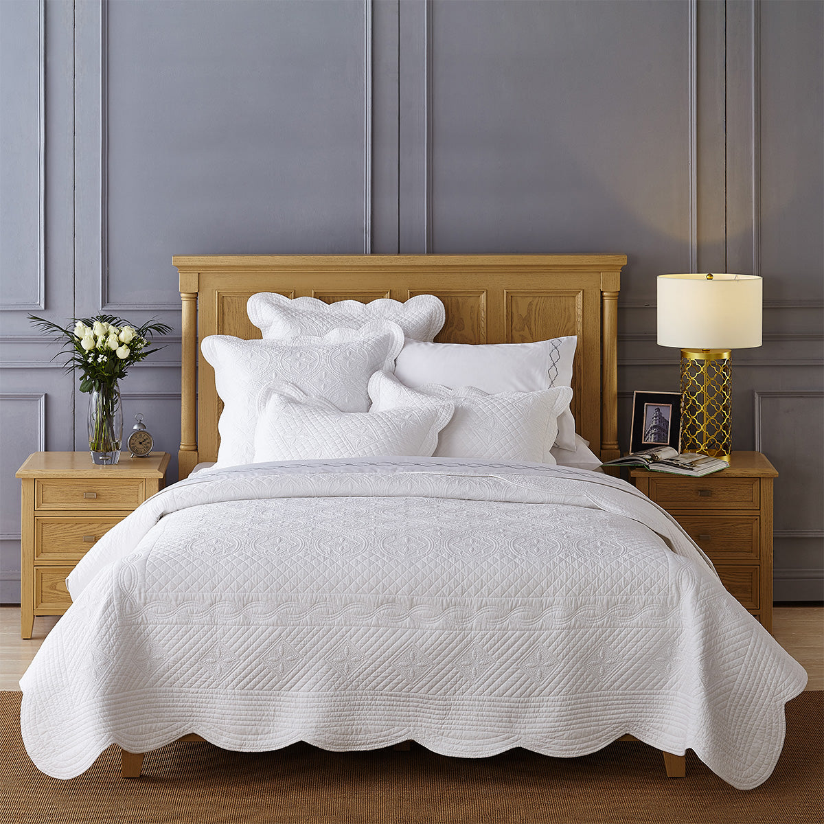 Sage Garden White Cotton Quilt – Luxury Floral Bedding by Calla Angel